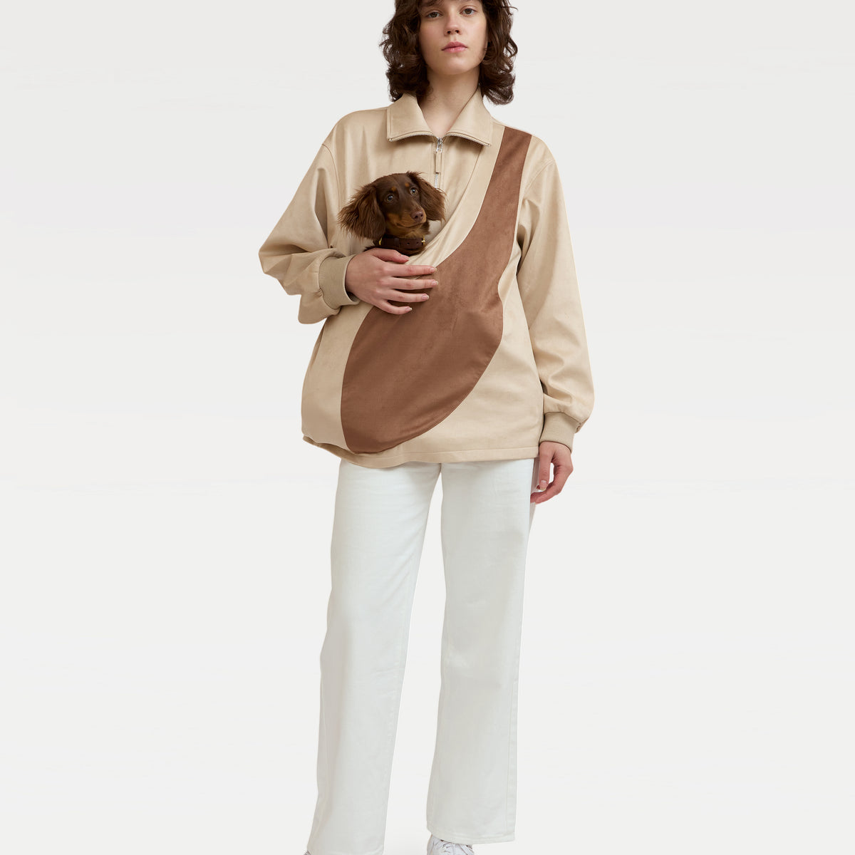 Riikyu -【Beige】Kangaroo Pouch Unisex Scuba Suede Pullover